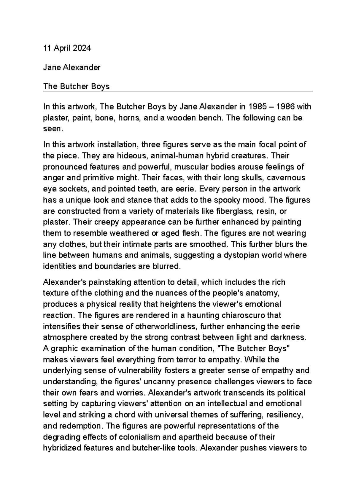 Jane Alexander Visual Arts essay - 11 April 2024 Jane Alexander The ...