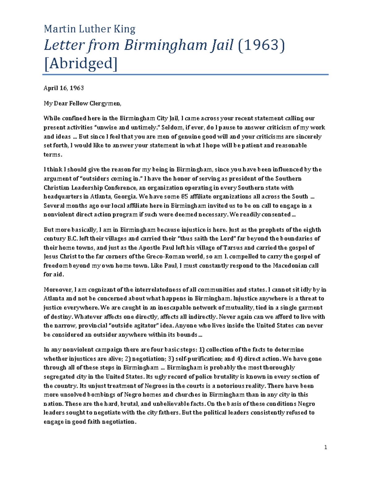 (POL 100) MLK Letter Abridged - Martin Luther King Letter from ...