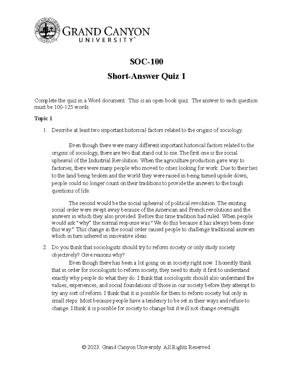 SOC-100.Short-Answer Quiz 1 - SOC- Short-Answer Quiz 1 Complete the ...