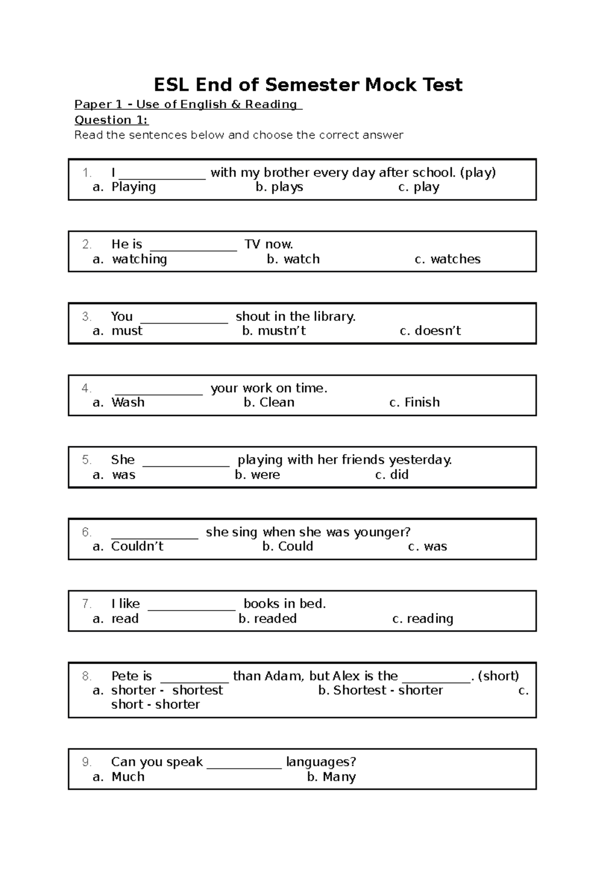 ESL End of Semester 1 Mock Test - ESL End of Semester Mock Test Paper 1 ...