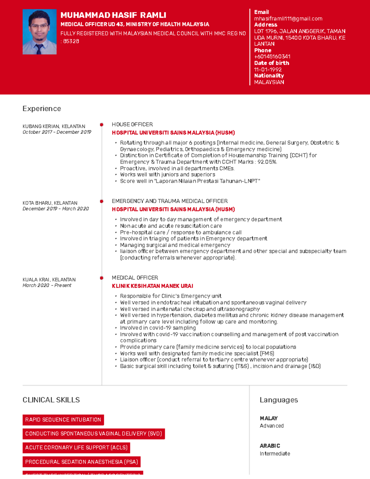 DR - personal cv - MUHAMMAD HASIF RAMLI MEDICAL OFFICER UD 43, MINISTRY ...