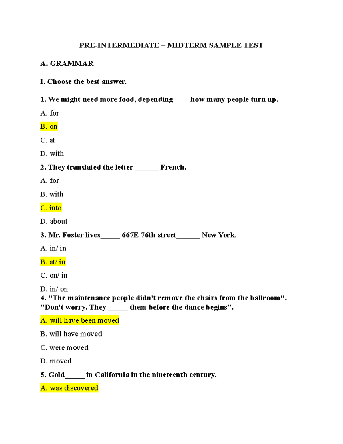 Pre-intermediate - Sample midterm test - PRE-INTERMEDIATE – MIDTERM ...