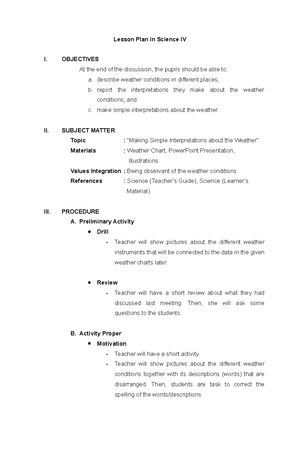 Science 4 Lesson Plan - LESSON PLAN IN SCIENCE IV I. OBJECTIVES At the ...