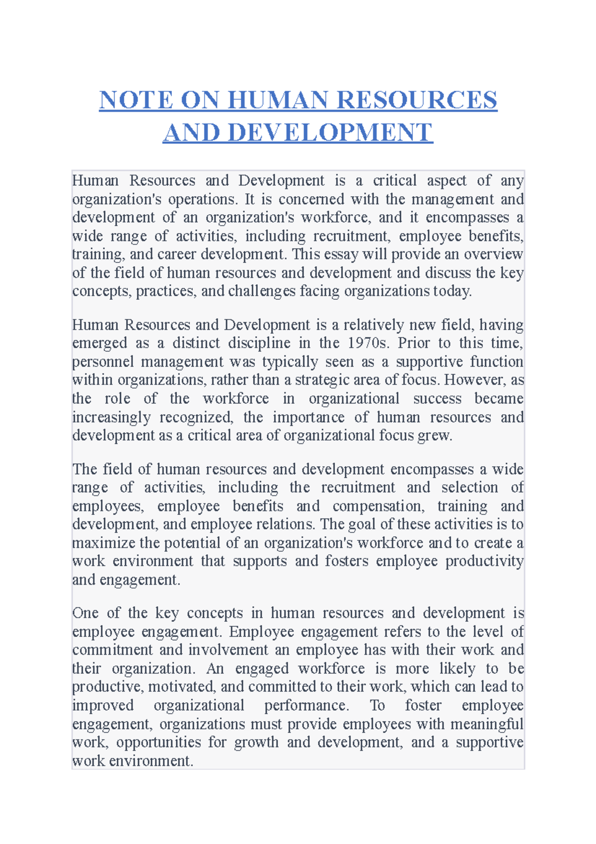 NOTE ON Human Resources AND Development - NOTE ON HUMAN RESOURCES AND ...
