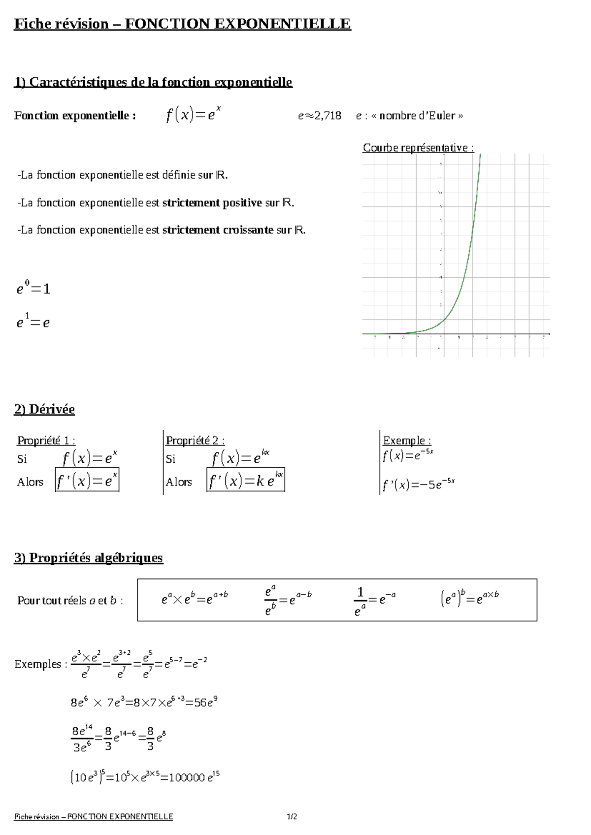 Fiche revision - fonction exponentielle - Fiche révision – FONCTION EXPONENTIELLE 1) - Studocu