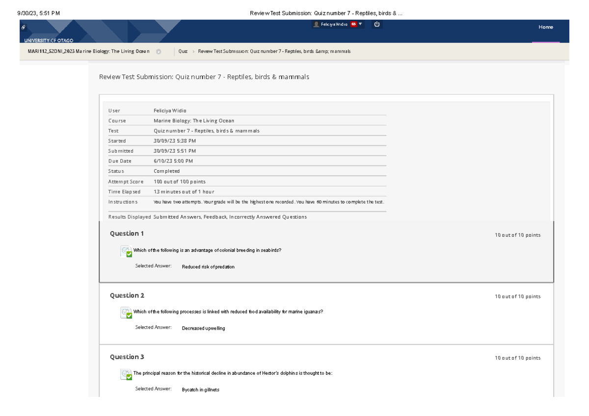 Quiz number 7 - Reptiles, birds & Mammals - 9/30/23, 5:51 PM Review ...