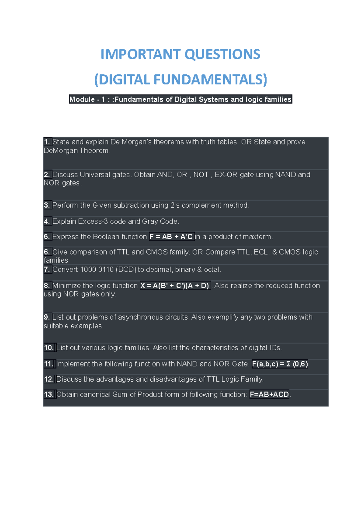 Impdigitalfundamentalsgtu - IMPORTANT QUESTIONS (DIGITAL FUNDAMENTALS ...