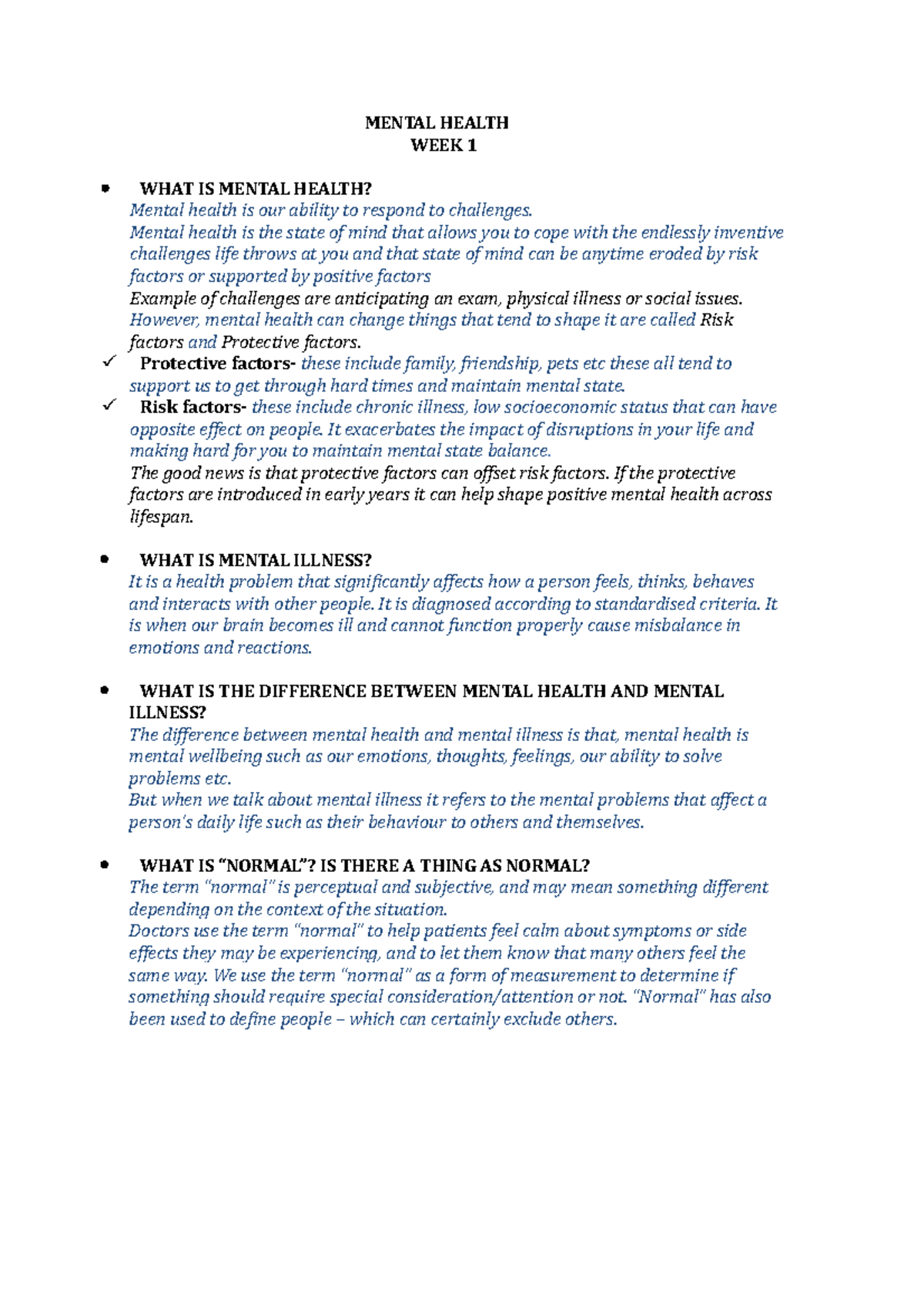 Hnn222 week 1 content - Lecture notes 1 - MENTAL HEALTH WEEK 1 WHAT IS ...