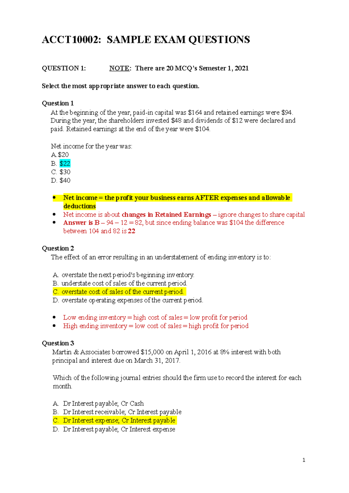 IFA1 Sample Exam Questions - ACCT10002: SAMPLE EXAM QUESTIONS QUESTION ...