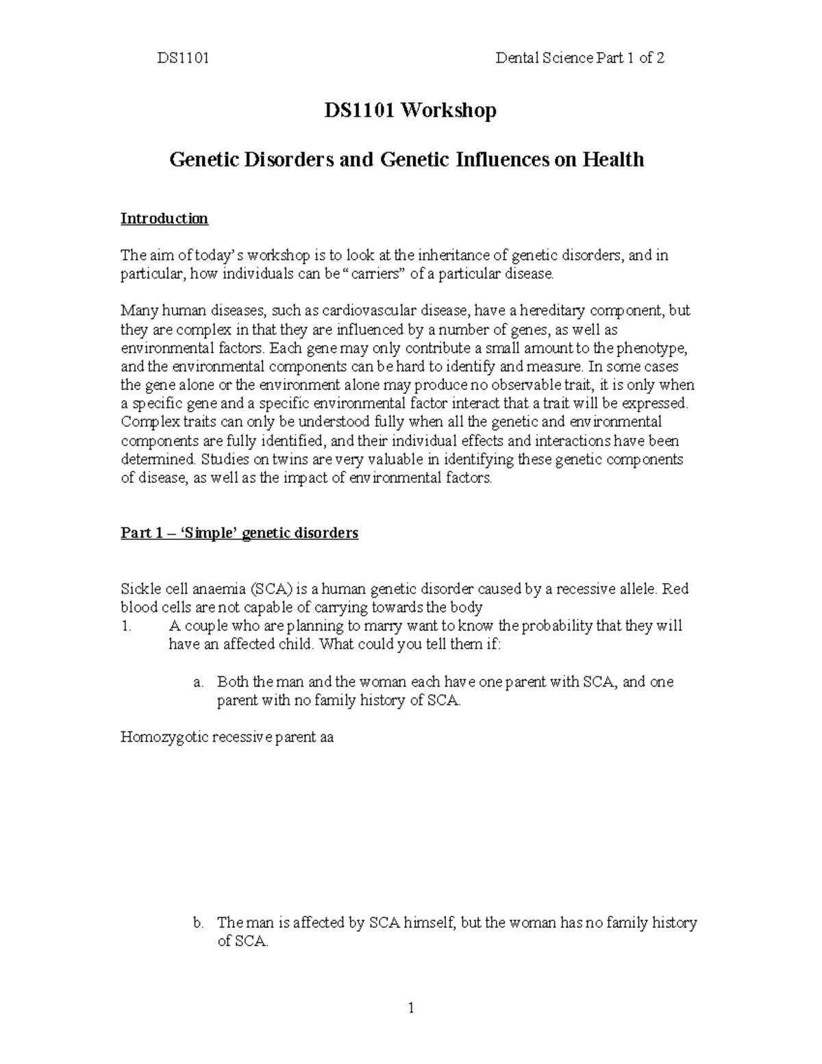 2023 - Workshop - Genetic Disorders - DS1101 Workshop Genetic Disorders ...