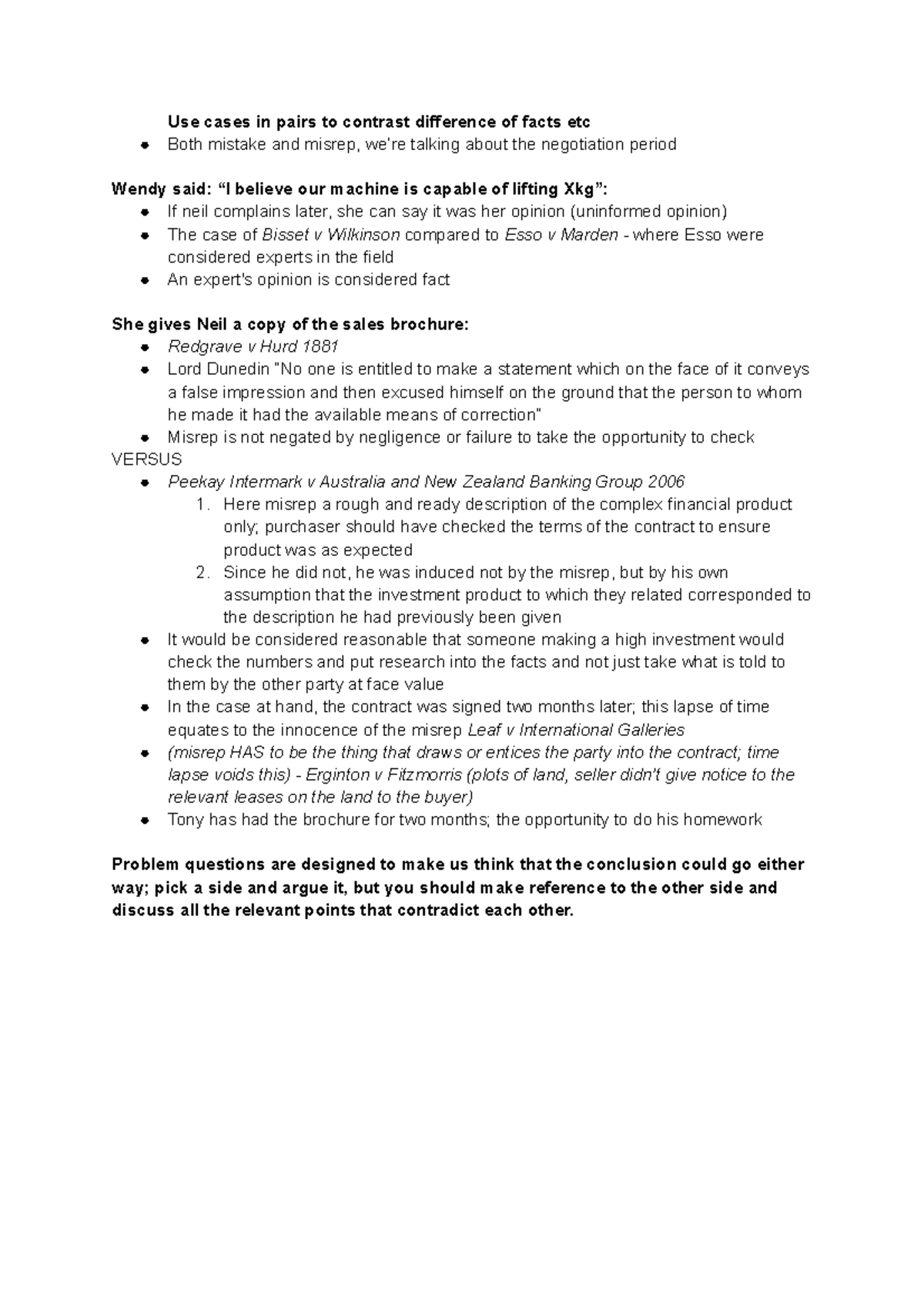 Mistake and Misrepresentation - Use cases in pairs to contrast ...