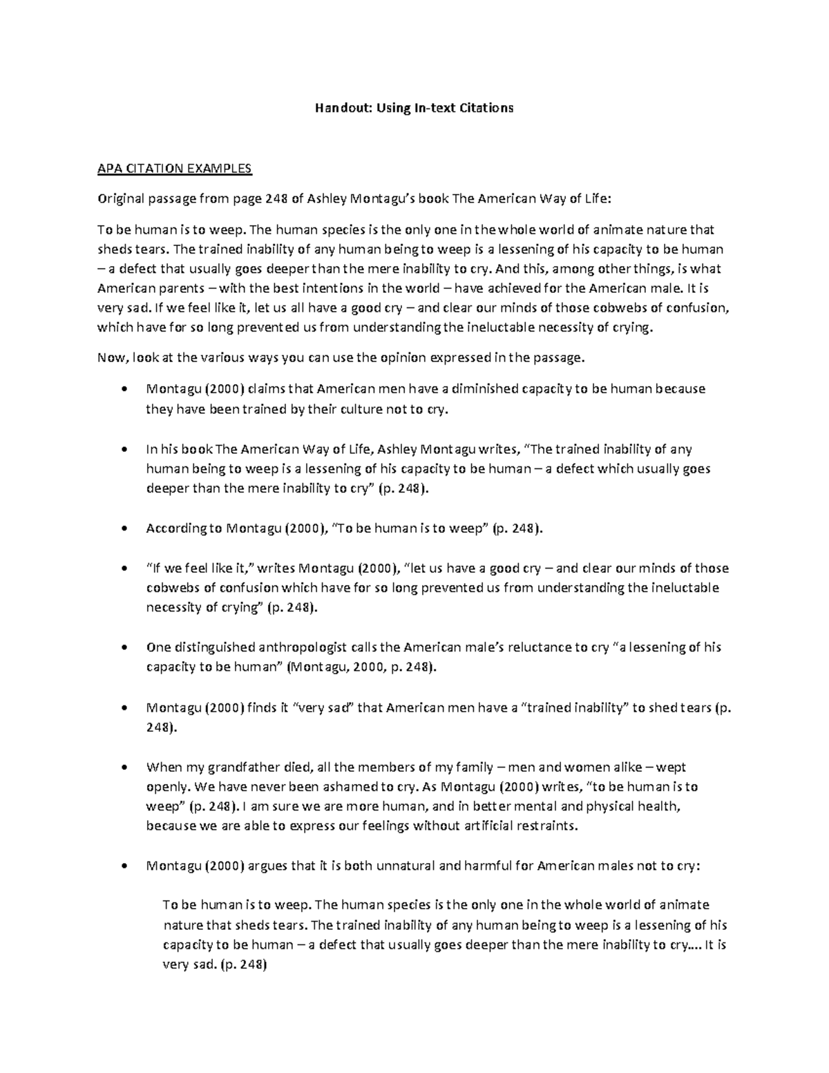 Examples of APA and MLA in-text citations - Handout: Using In-text ...