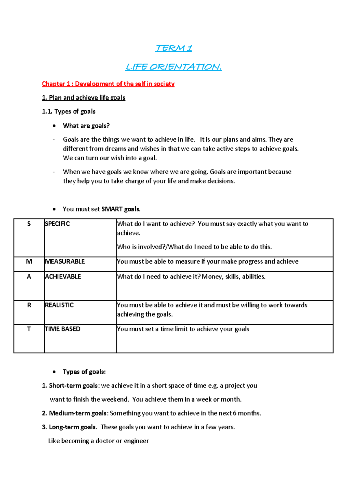 TERM 1 TERM 2 LO Grade 11 - Life orientation class notes - TERM 1 LIFE ...