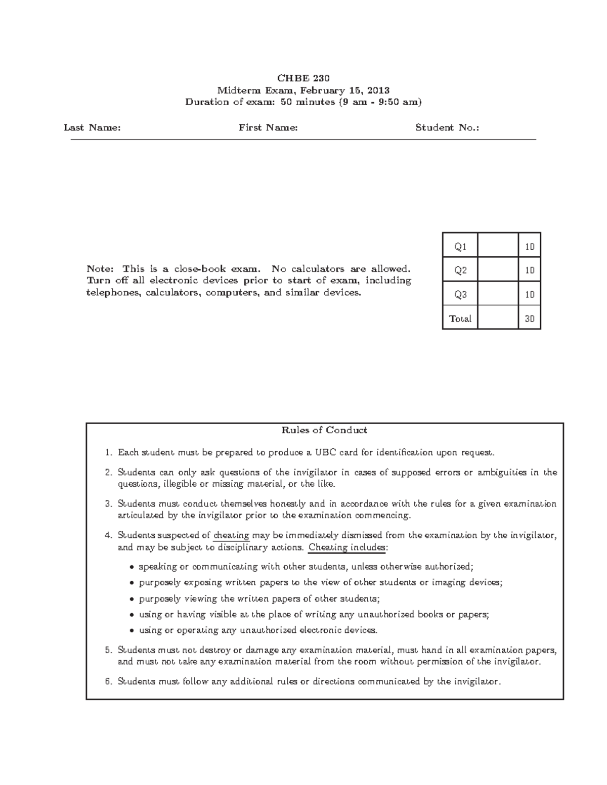 Exam March 2014, Questions And Answers, Midterm - CHBE 230 Midterm Exam, February 15, 2013 ...