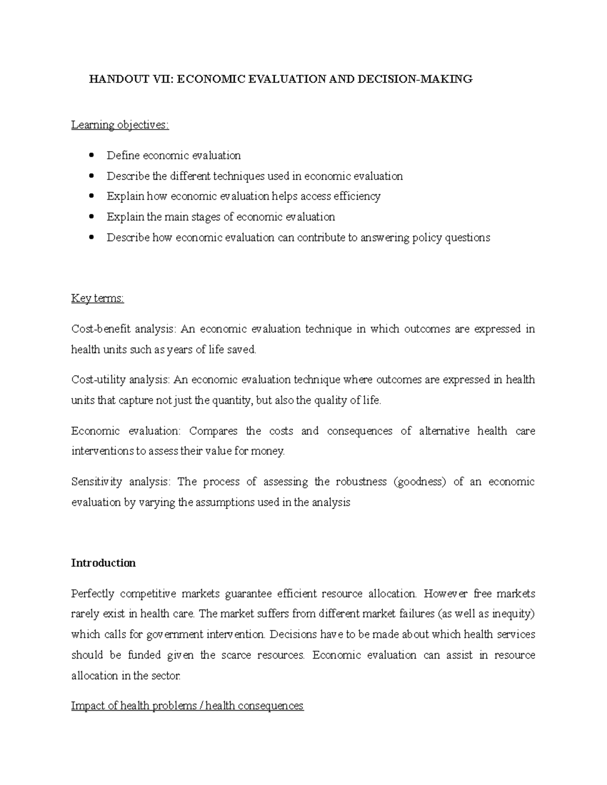 Handout VII - Economic Evaluation and Decision Making - HANDOUT VII ...