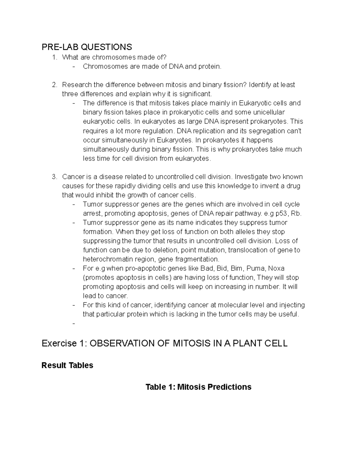 Lab 8 Mitosis - Biology Labs - PRE-LAB QUESTIONS What are chromosomes ...