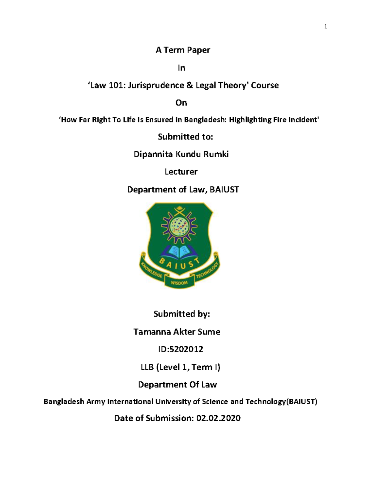 5202012 Tamanna Akter Sume LAW-101 Term Paper fall-2019 - A Term Paper ...