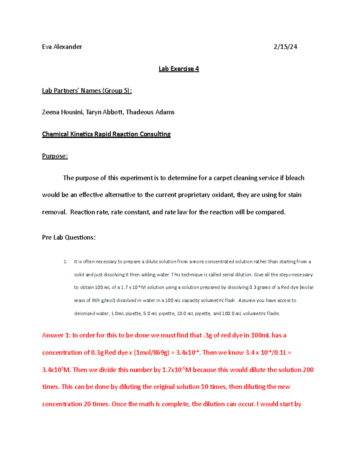 CHEM2 - Lab 4 Complete - Chemistry 2 lab report 4 - Eva Alexander 2 ...