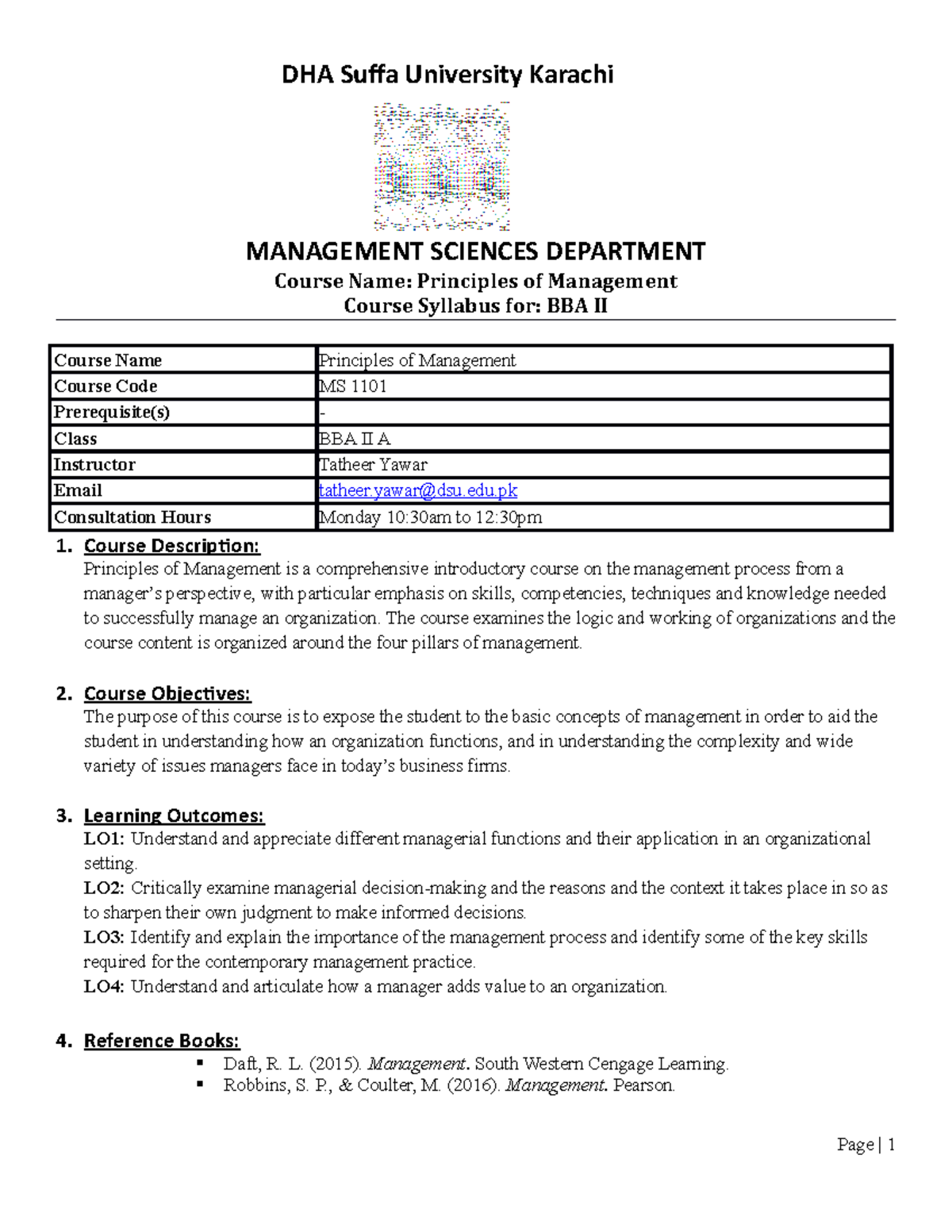 Principles of Management Outline - Tatheer - DHA Suffa University ...