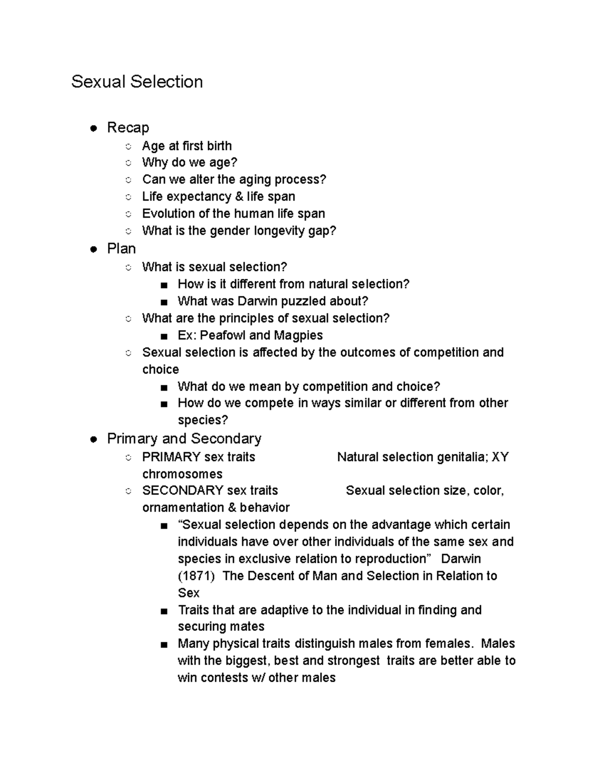 Evolution Human Nature Lecture Notes 8 - Sexual Selection Recap Age at ...