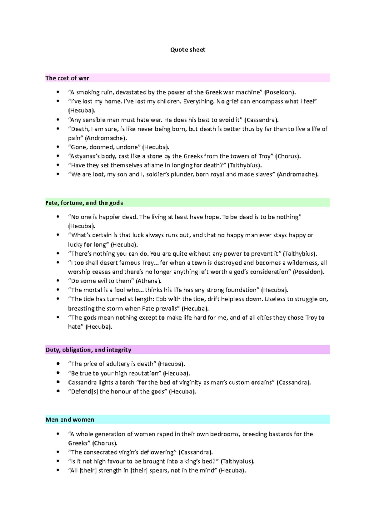 Quote sheet (Women of Troy) - Quote sheet The cost of war “A smoking ...