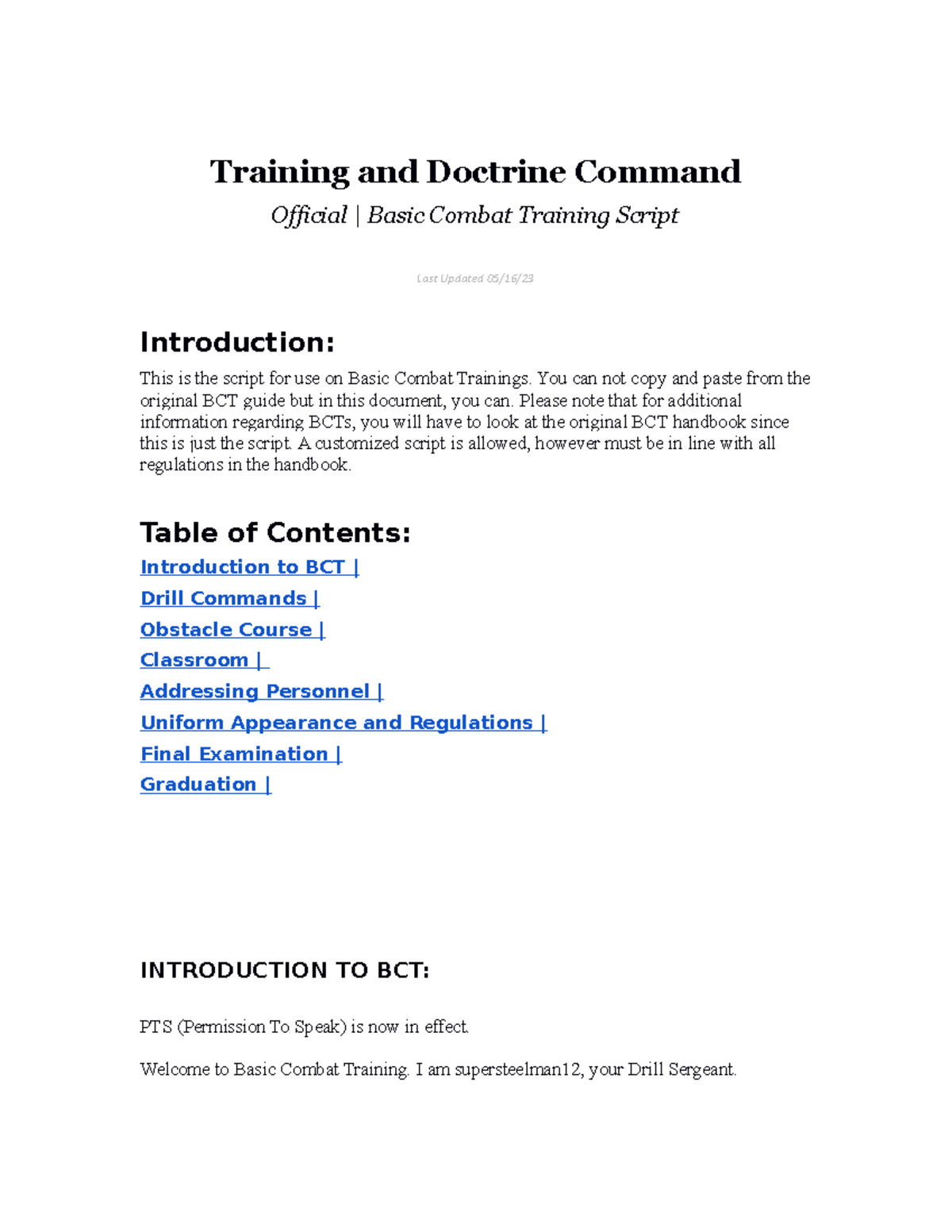 Tradoc Basic Combat Training Script - Training and Doctrine Command ...