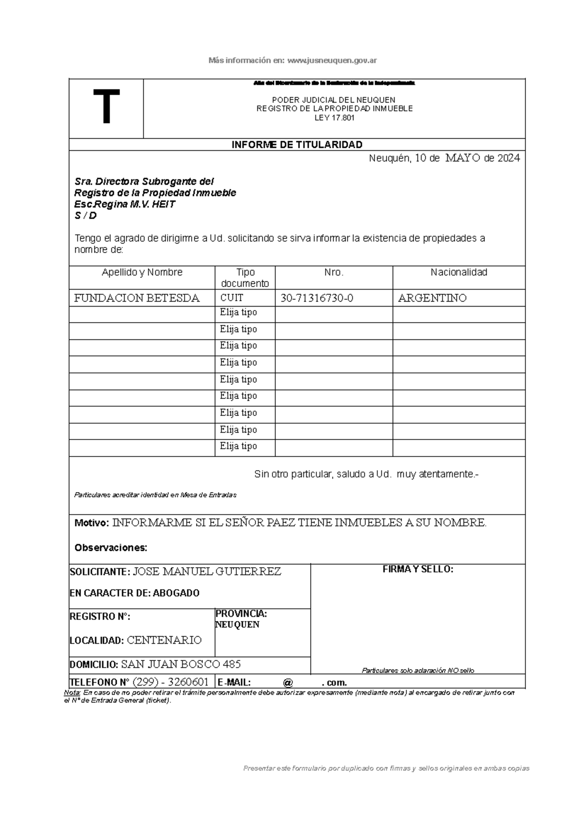 Formulario T - Más información en: jusneuquen.gov T Año del Bicentenario de la Declaración de la ...