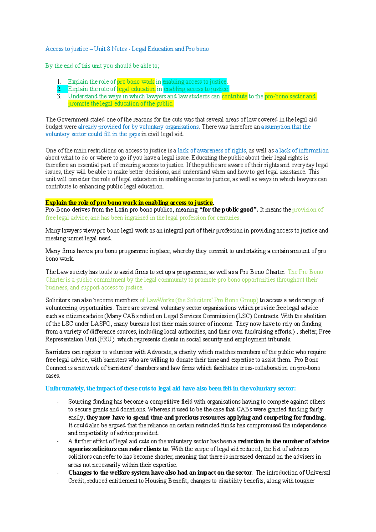 U8 Notes - Legal Education and Pro bono - Explain the role of legal ...