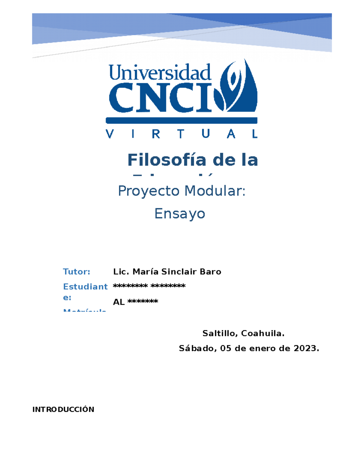 Proyecto Modular, Filosofía DE LA Educación - INTRODUCCIÓN Filosofía de la Educación Proyecto ...