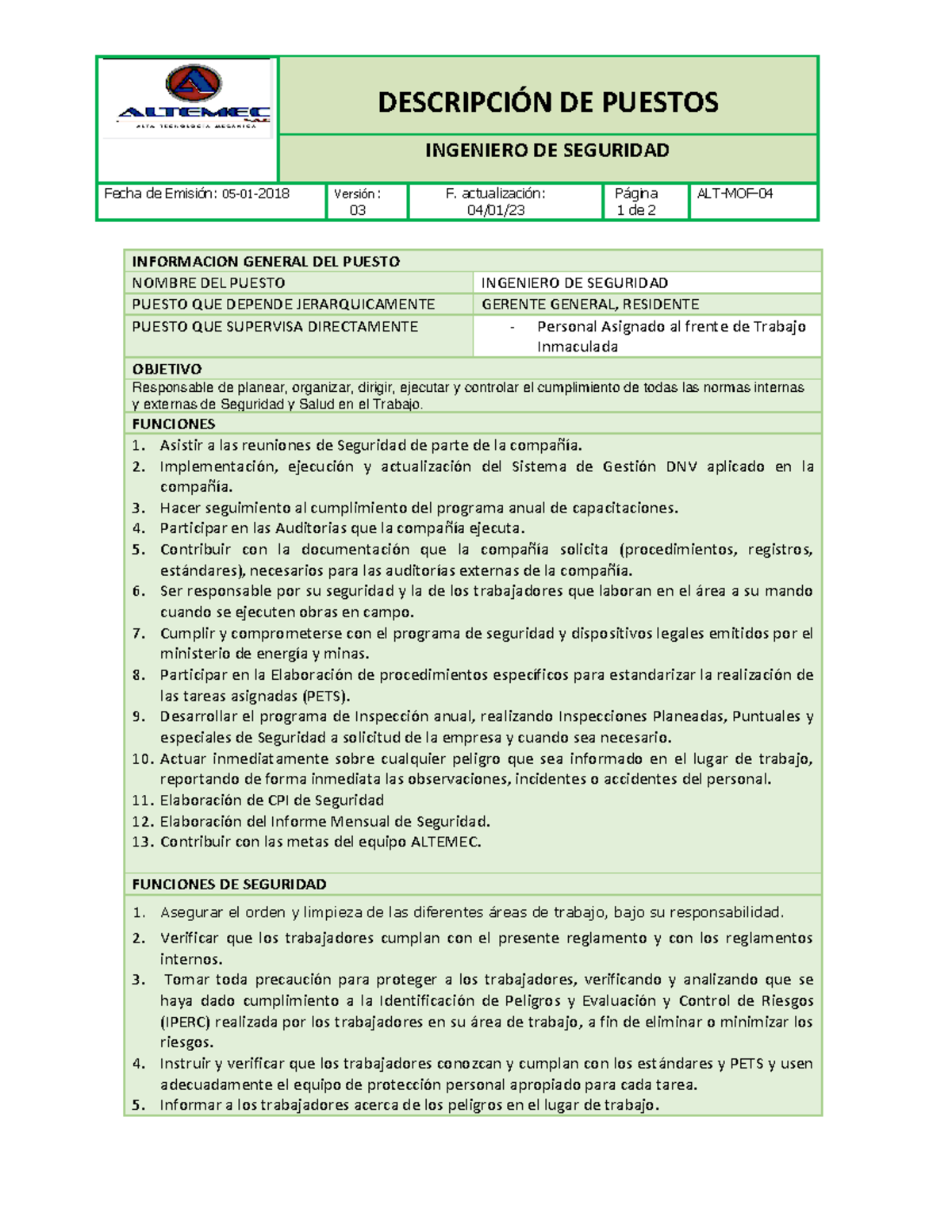 ALT-MOF- 04 Descripción de puestos Ing. Seguridad - DESCRIPCIÓN DE PUESTOS INGENIERO DE ...