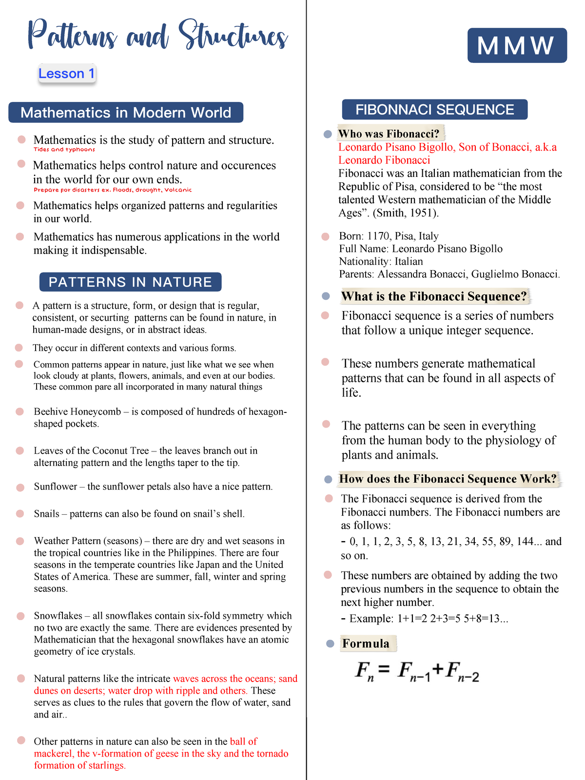 MMW - 1st year MMW - M M W Patterns and Structures Mathematics in Modern World Mathematics is ...