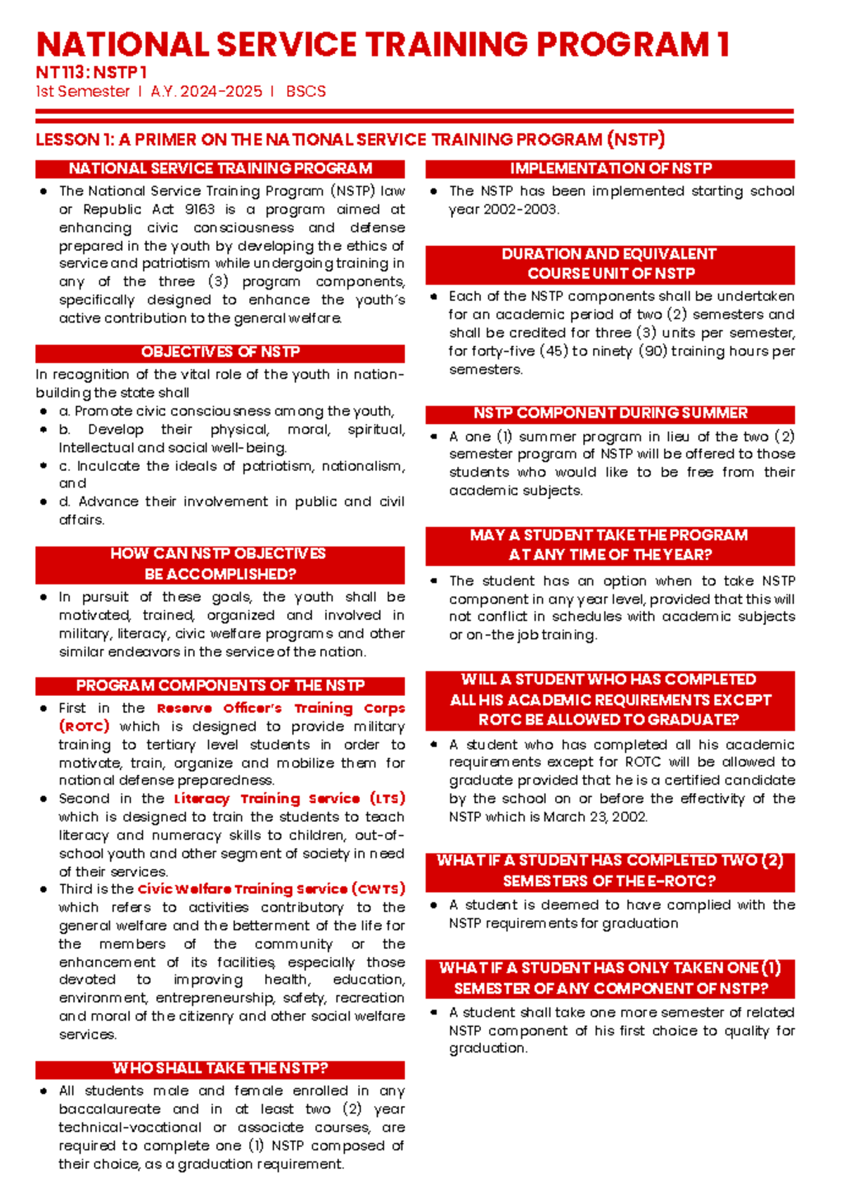 National Service Training Program L1 - NATIONAL SERVICE TRAINING PROGRAM 1 NT 113: NSTP 1 1st ...