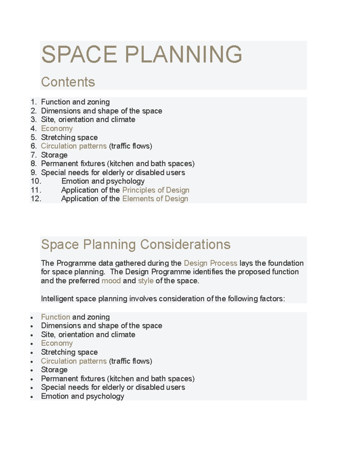 space planning considerations - SPACE PLANNING Contents 1. Function and ...