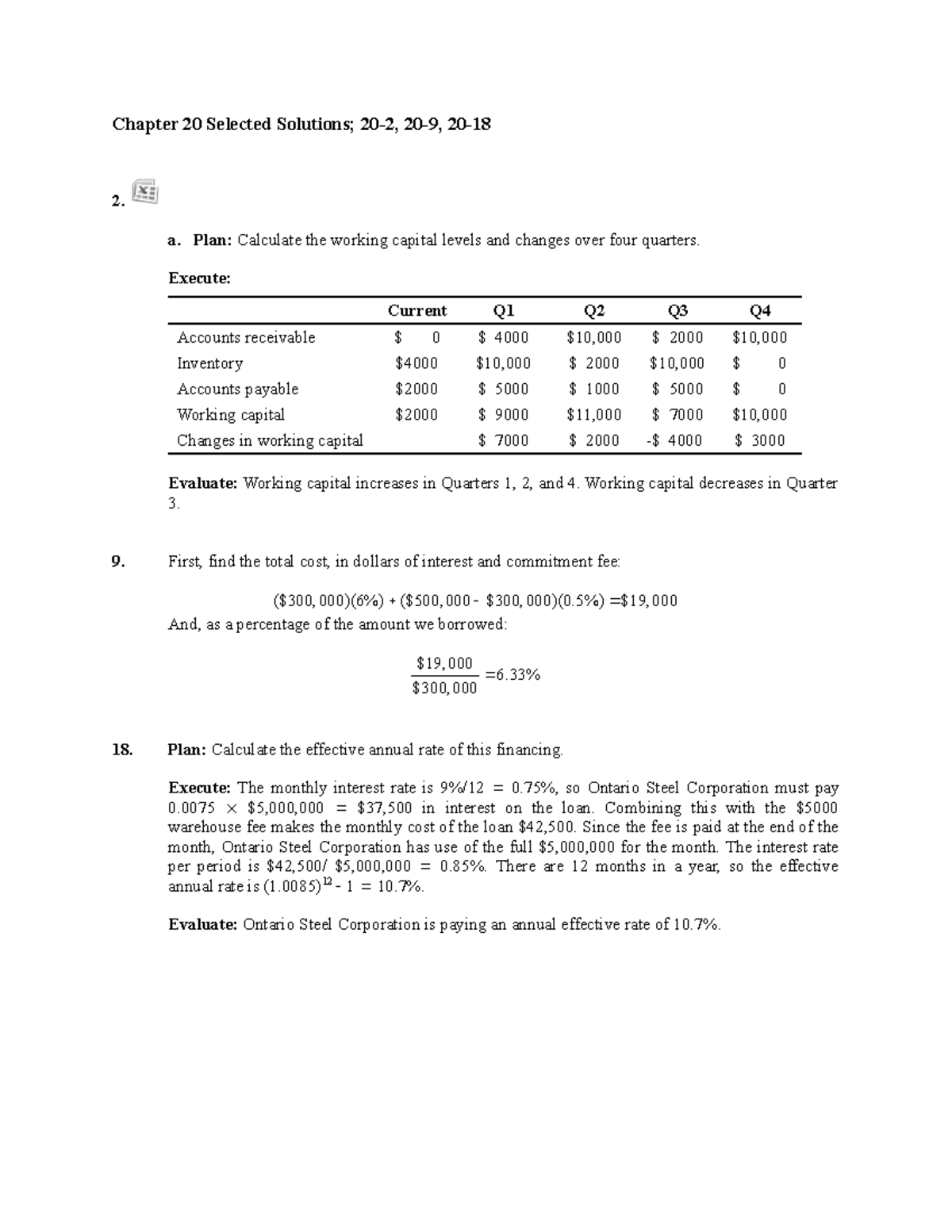Ch 20 Selected Solutions - a. Plan: Calculate the working capital ...