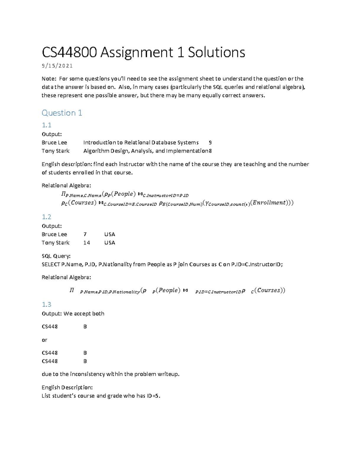Sol1 dbms pdbdrr - CS44800 Assignment 1 Solutions 9/15/ Note: For some questions you’ll need to ...