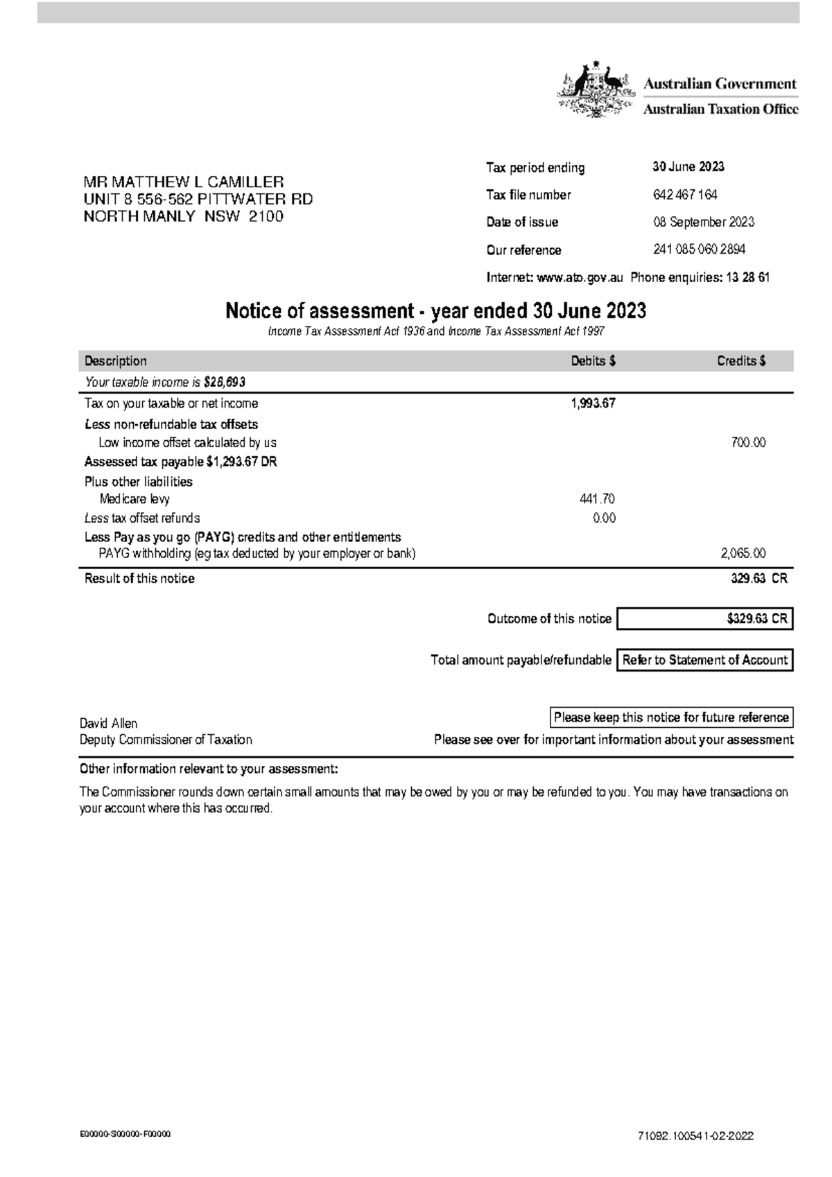 Notice of Assessment - year end 30 June 2023 - MR MATTHEW L CAMILLER ...