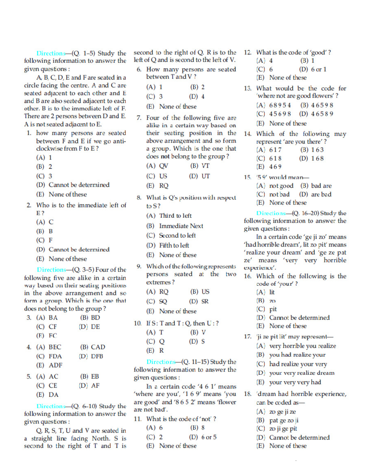 Reasoning paper PDF - Uu2hj - Directions-(Q. 1-5) Stu dy the foll owing informati on to ans wer ...