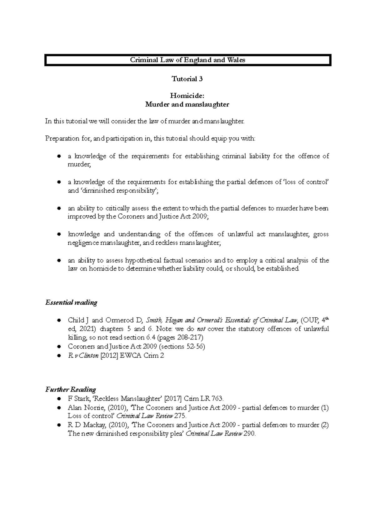 Tutorial 3 Homicide 2022 23 - Criminal Law of England and Wales Tutorial 3 Homicide: Murder and ...