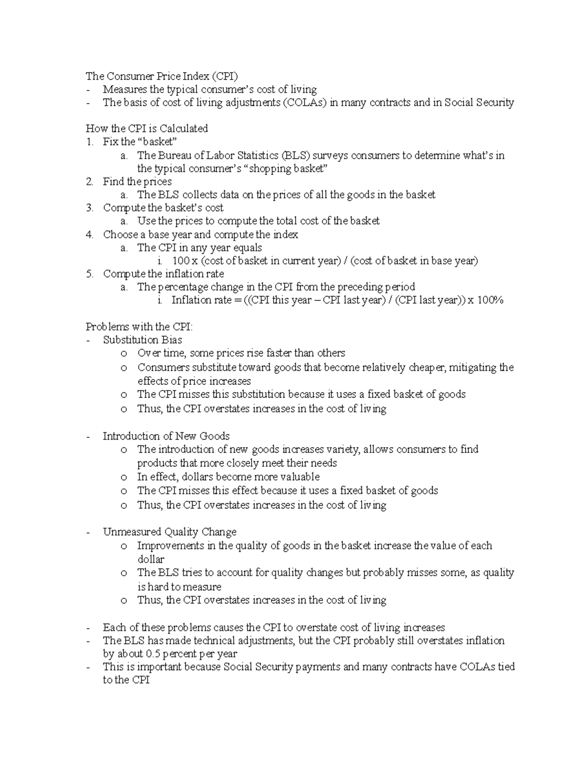 Chapter 11 Notes #1 - The Consumer Price Index (CPI) - Measures the ...