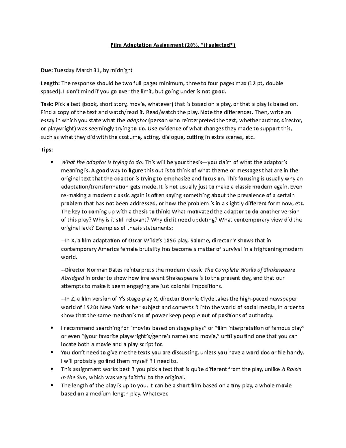 2306 Film Adaptation Assignment - OCHEM 3106 - TTU - Studocu