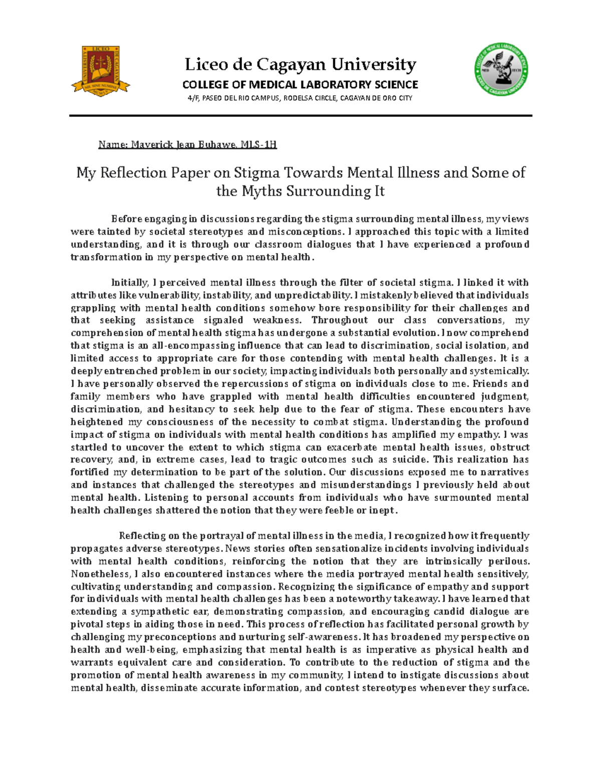 Reflection Paper on Stigma Towards Mental Illness and Some of the Myths ...