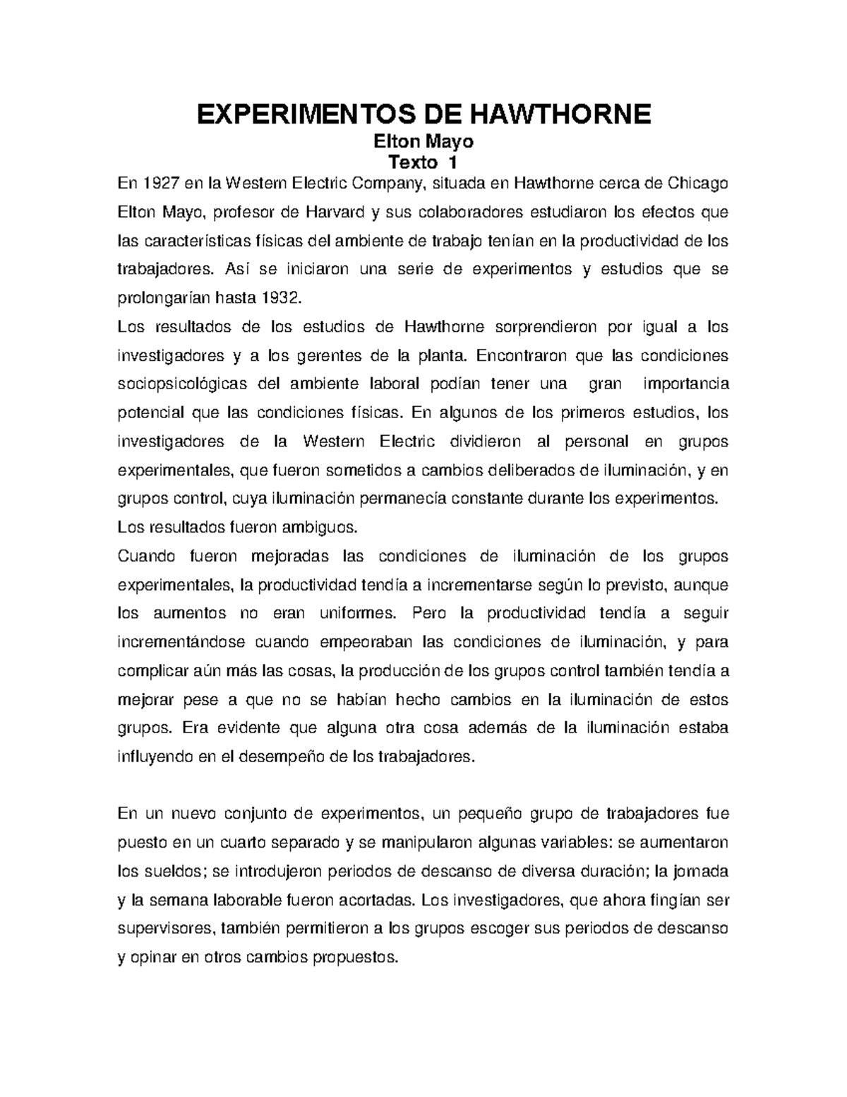Experimentos DE Hawthorne Texto 1 Relac. Industriales. - EXPERIMENTOS ...