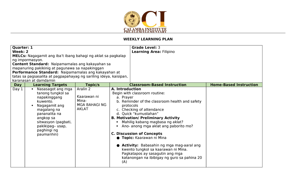 FIL 3 Q1 W2 - In making lesson plan for teachers only - WEEKLY LEARNING ...