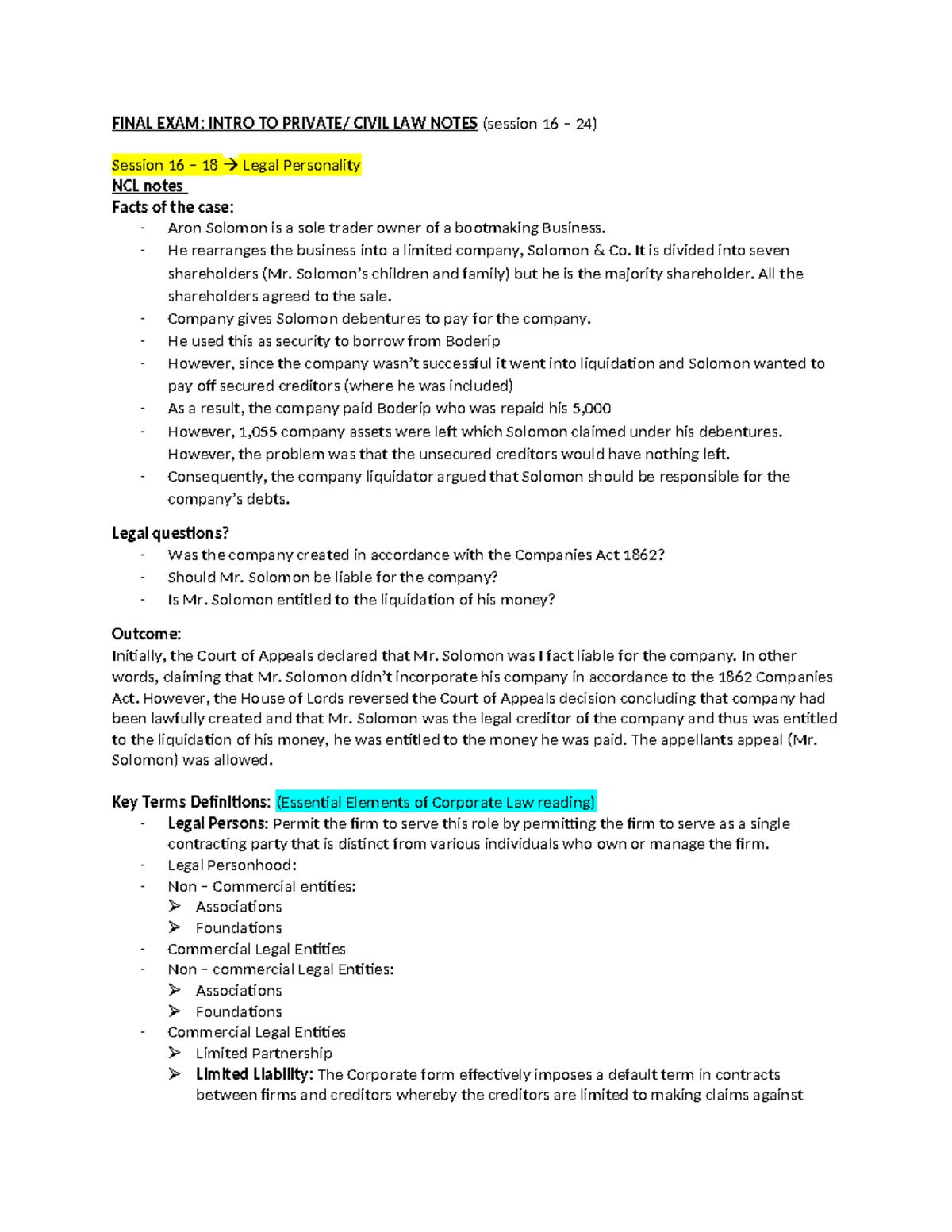 Final Notes - FINAL EXAM: INTRO TO PRIVATE/ CIVIL LAW NOTES (session 16 ...