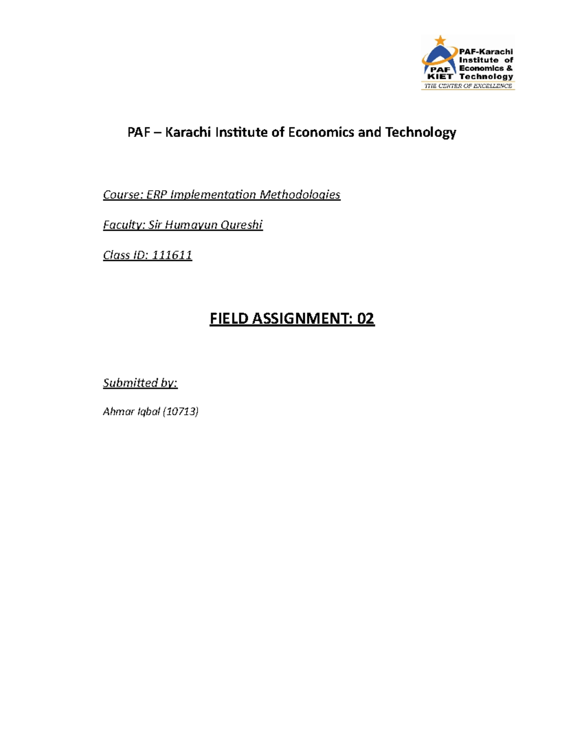 Field Assignment 02 ERP Implementation (Ahmar Iqbal 10713) - PAF ...