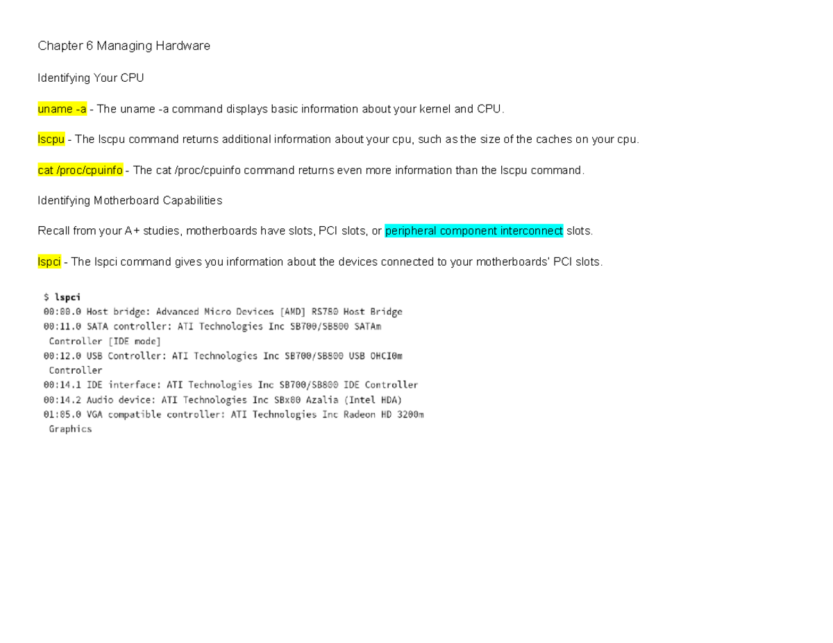 Linux Foundations Chapter 6 - Chapter 6 Managing Hardware Identifying ...