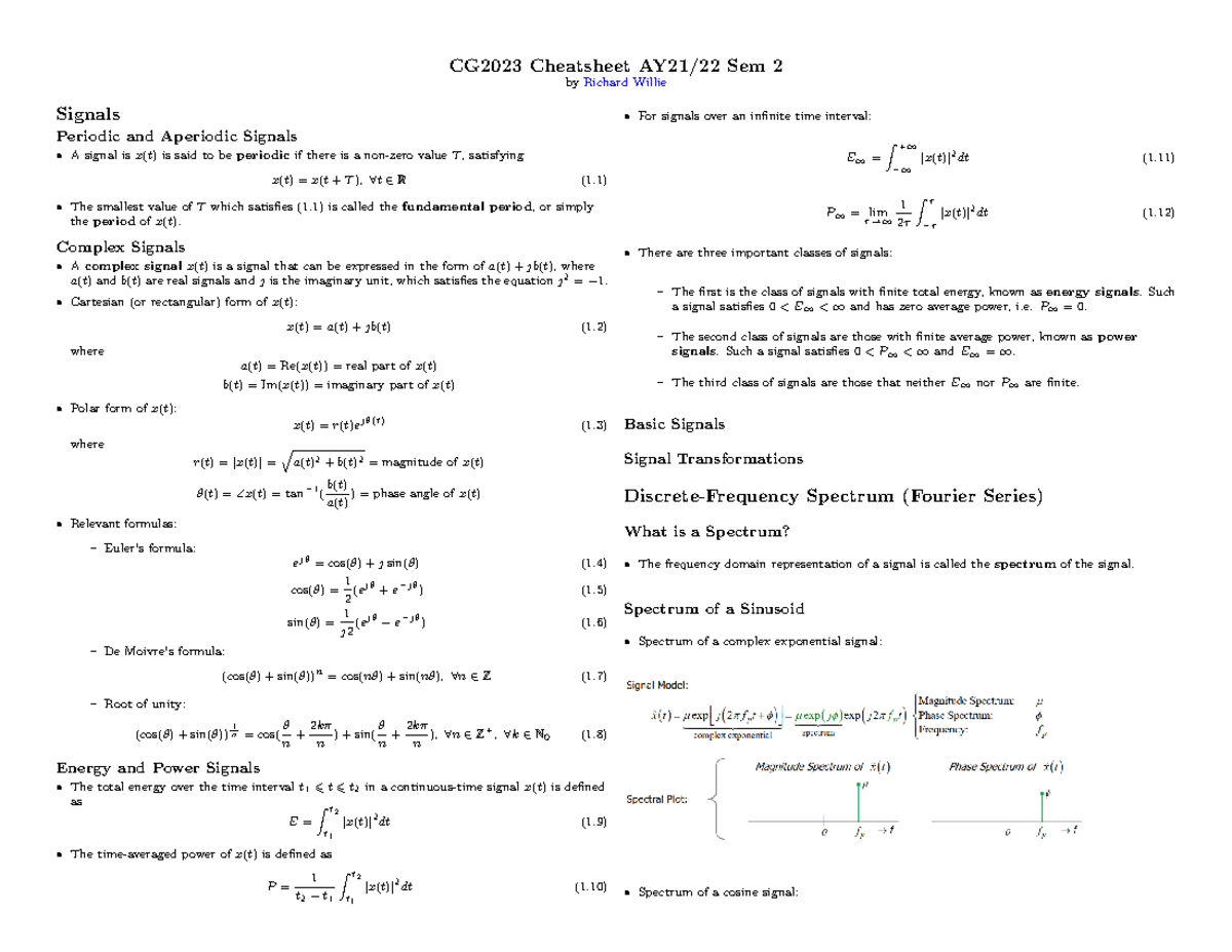 CG2023 Cheatsheet - Complex Signals Acomplex signalx(t) is a signal that can be expressed in the ...