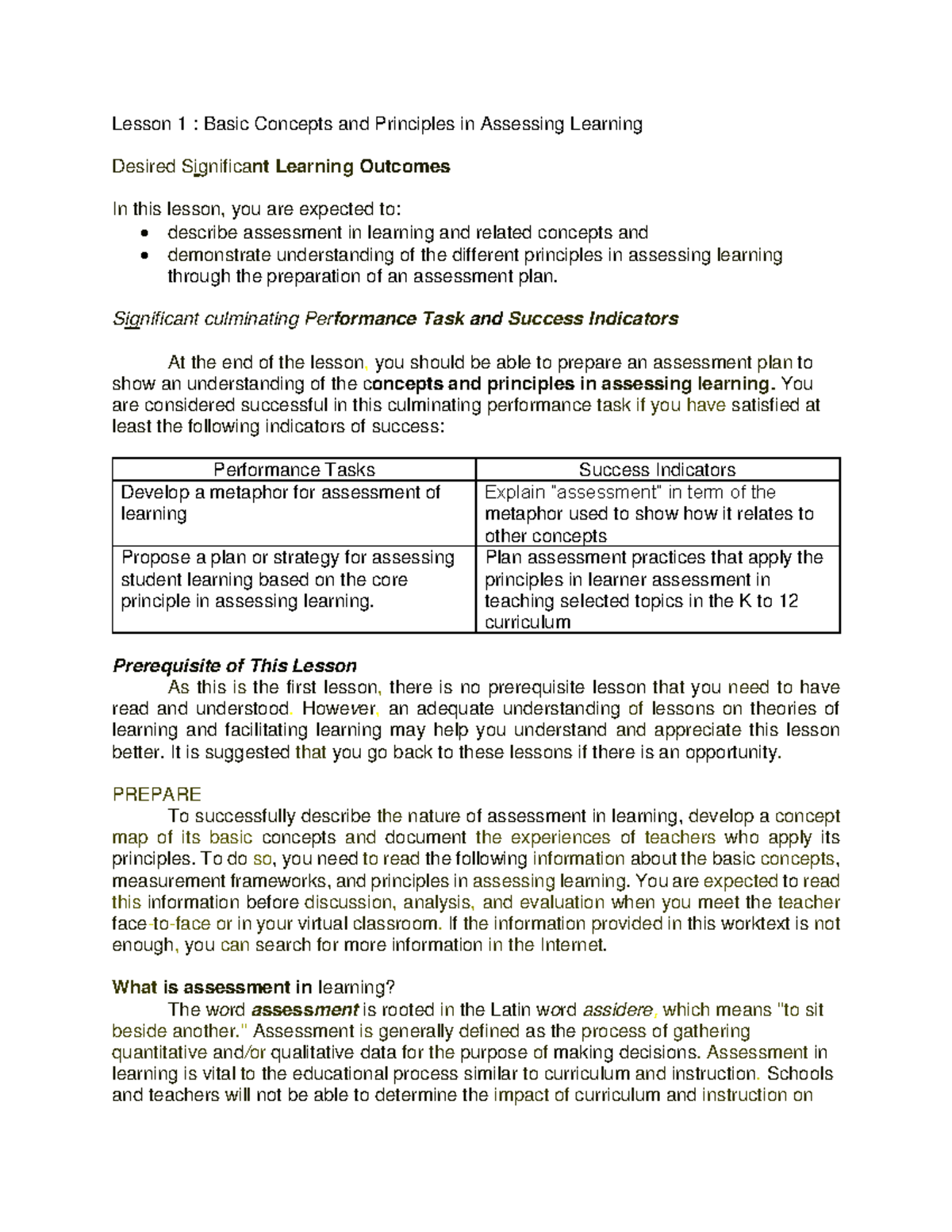 Lesson-1 - profed 9 talaga 'to - Lesson 1 : Basic Concepts and Principles in Assessing Learning ...