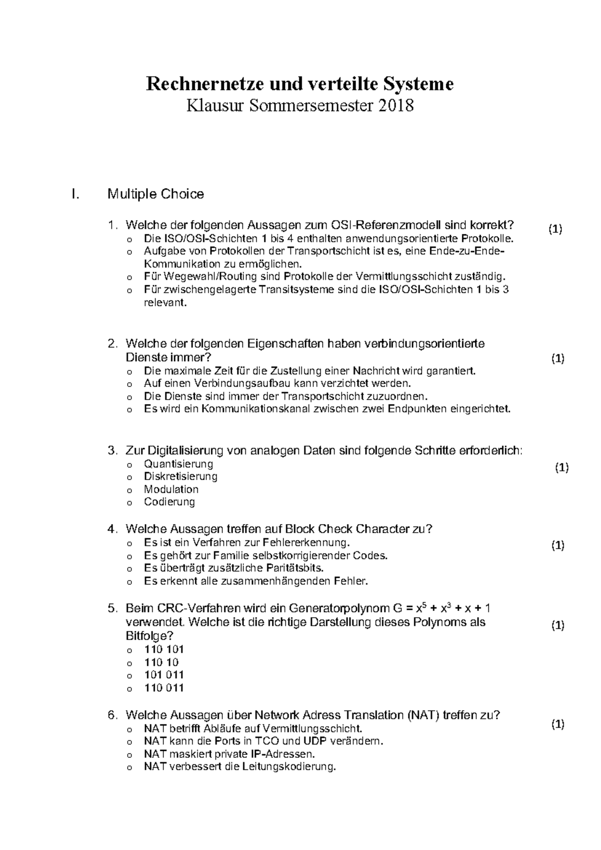 Klausur 2018, Fragen - Rechnernetze und verteilte Systeme Klausur Sommersemester 2018 I ...