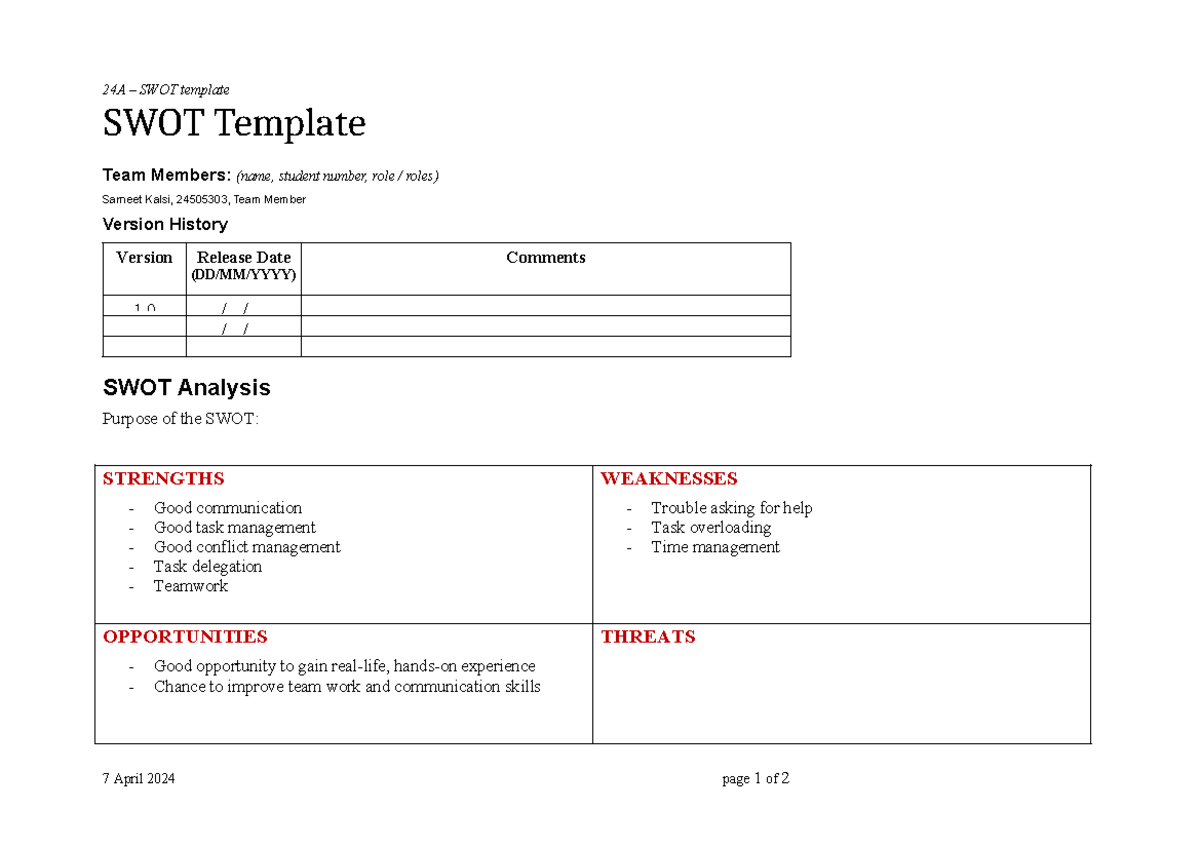 24A SWOT template - 24A – SWOT template SWOT Template Team Members ...